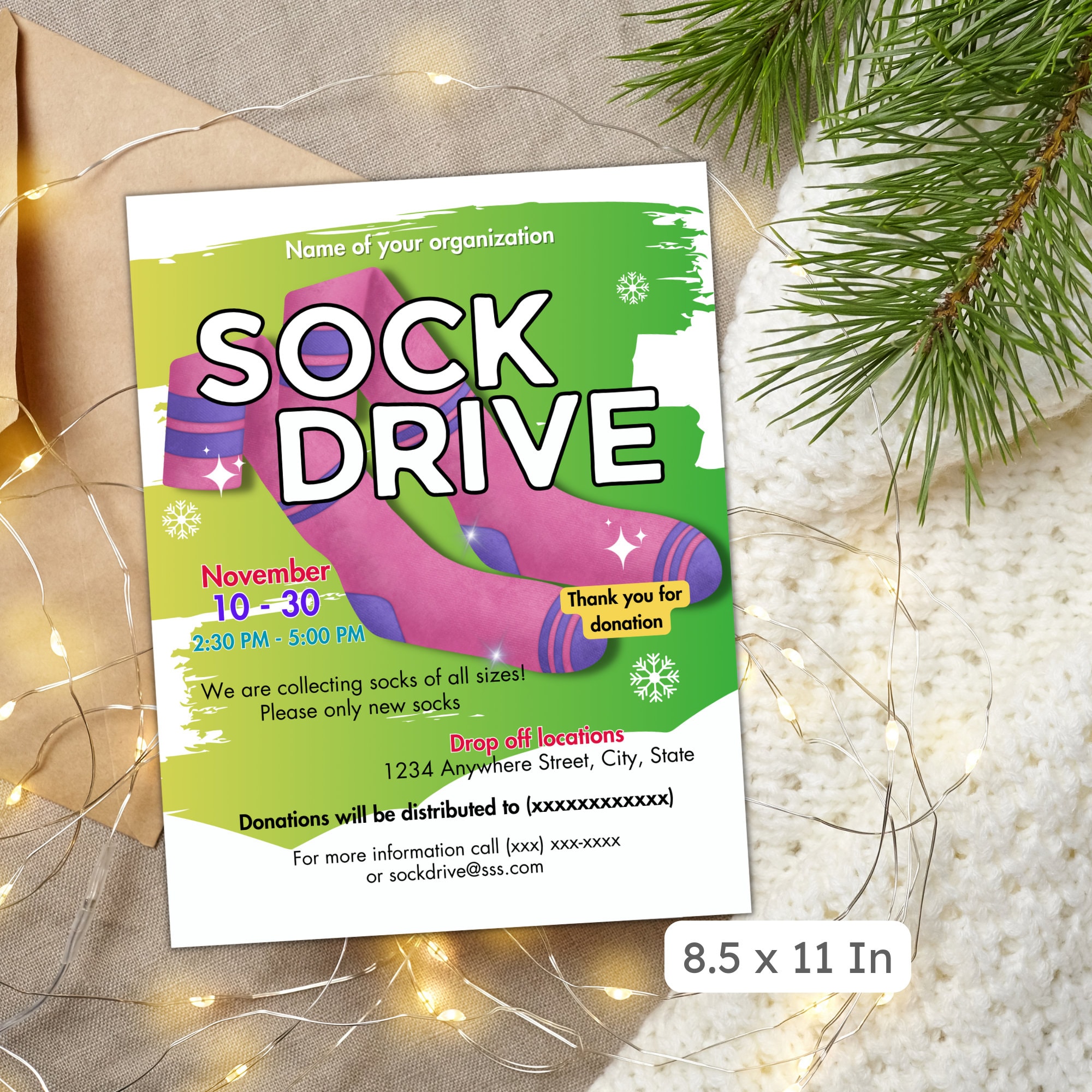 Sock Drive Flyer, Winter Clothing, Homeless Shelter, Charity Nonprofit ...