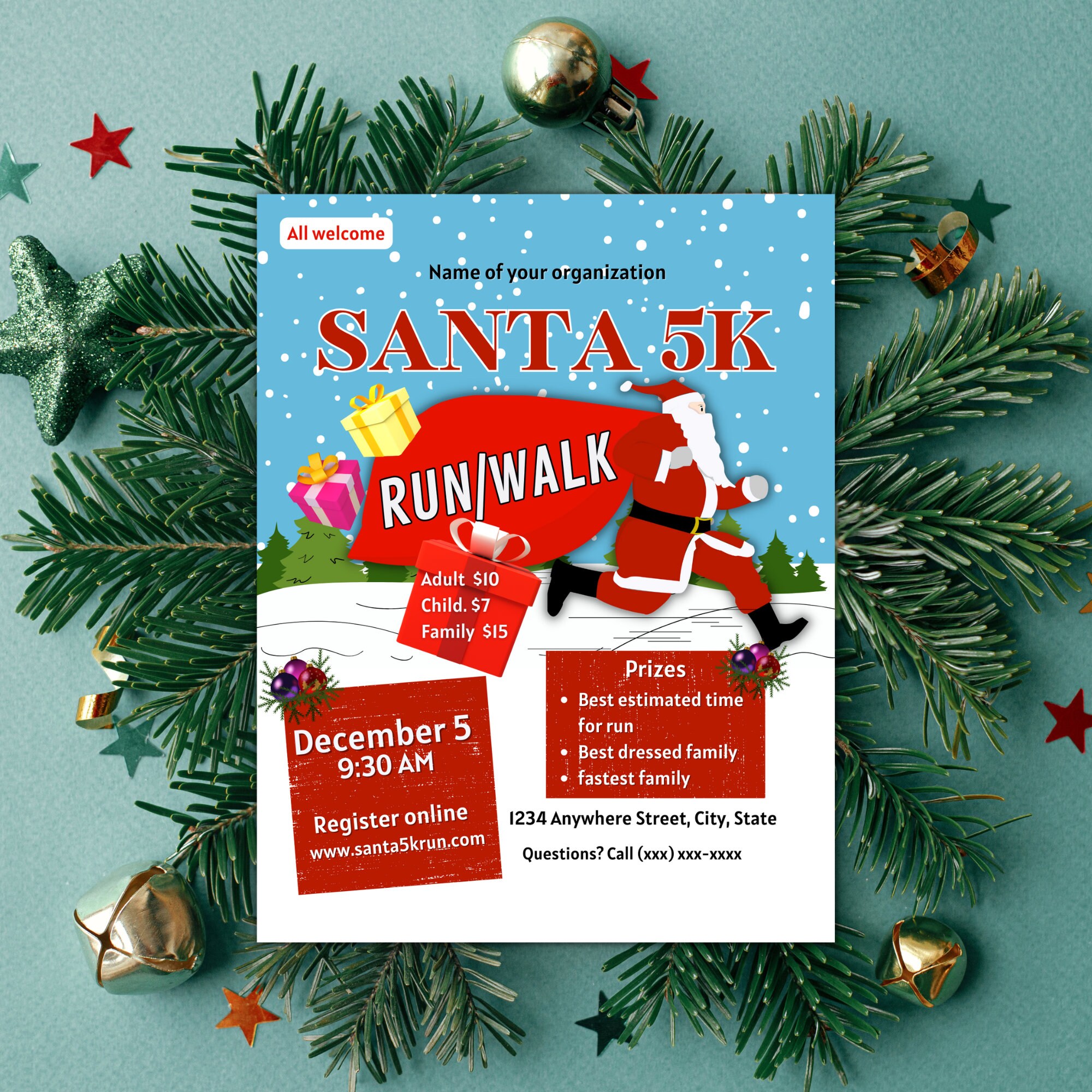 Santa 5k Run/walk Flyer Holiday Community 5k 10k Run Walk Xmas Party ...