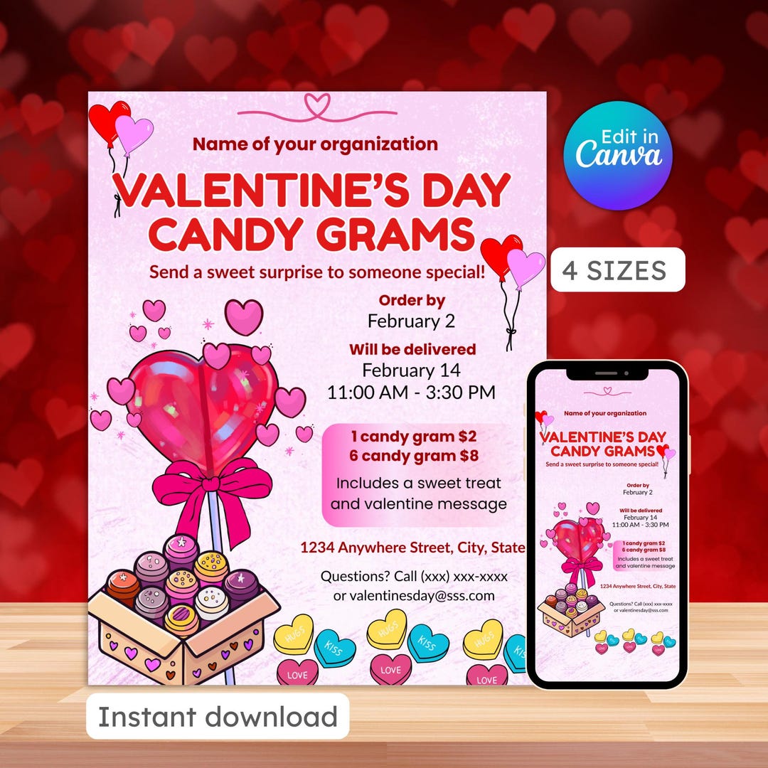 Valentine's Day Candy Grams Flyer, Pta Pto Event, School Fundraiser ...