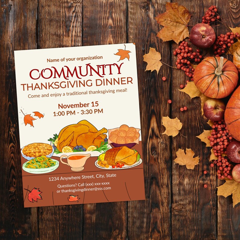 Community Thanksgiving Dinner Flyer, Turkey Dinner, Potluck Invite ...