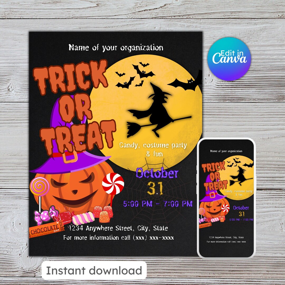 Trick or Treat Flyer, Halloween Party, Trunk or Treat, Costume Invite ...
