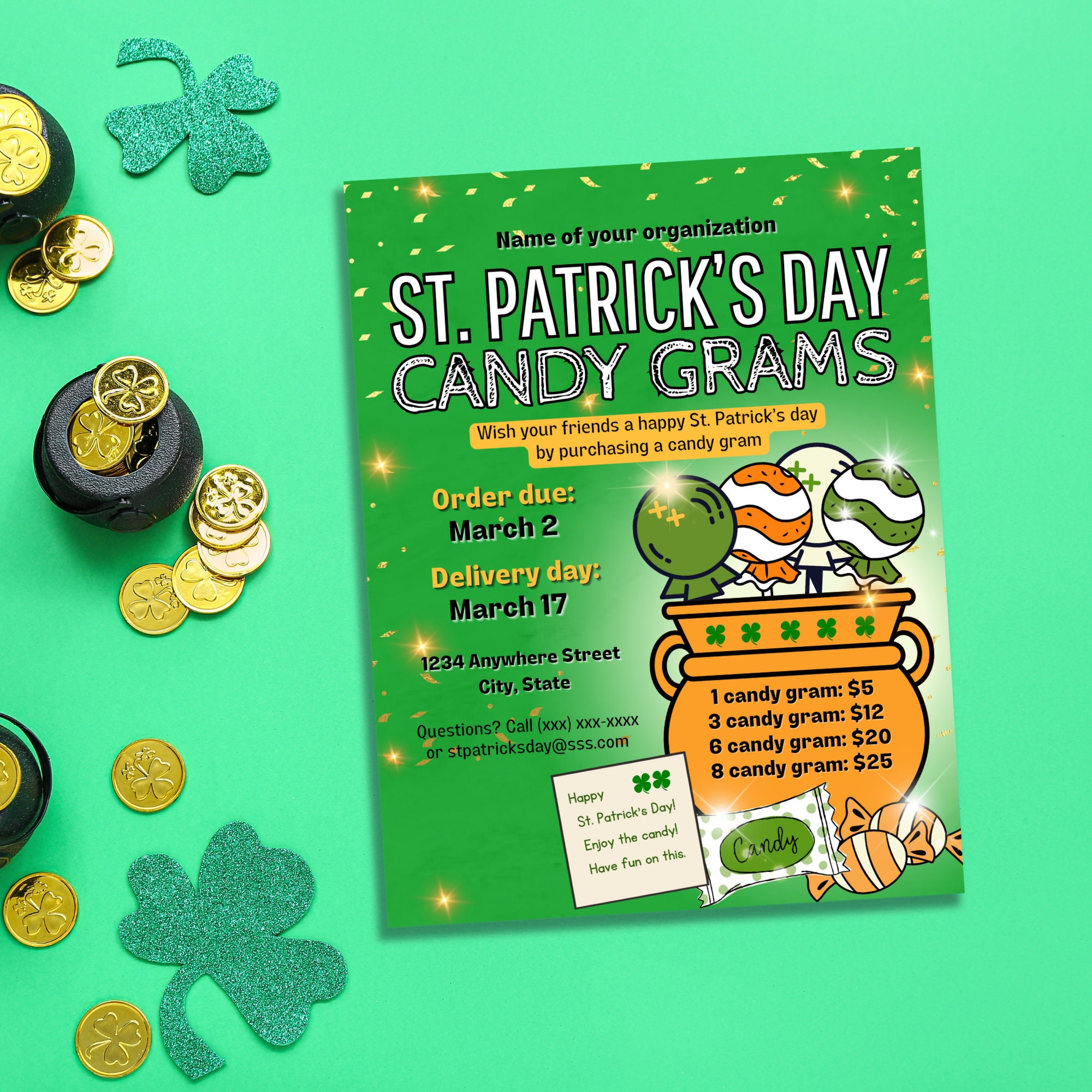 St. Patrick's Day Candy Grams Flyer Fundraiser Template St Patty Candy ...