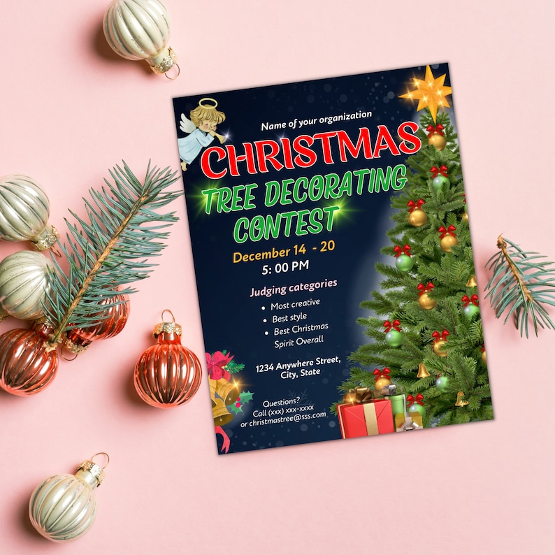 Christmas Tree Decorating Contest Flyer Holiday Ornament Decorated ...