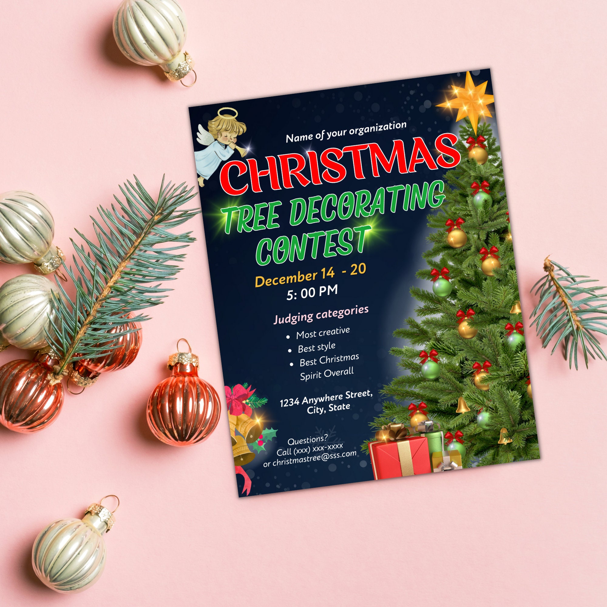 Christmas Tree Decorating Contest Flyer Holiday Ornament Decorated ...