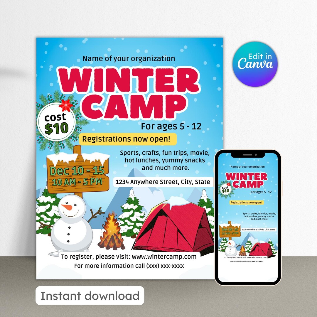 Winter Camp Flyer, Kids Camping, Outdoor Adventure, Christmas Party ...