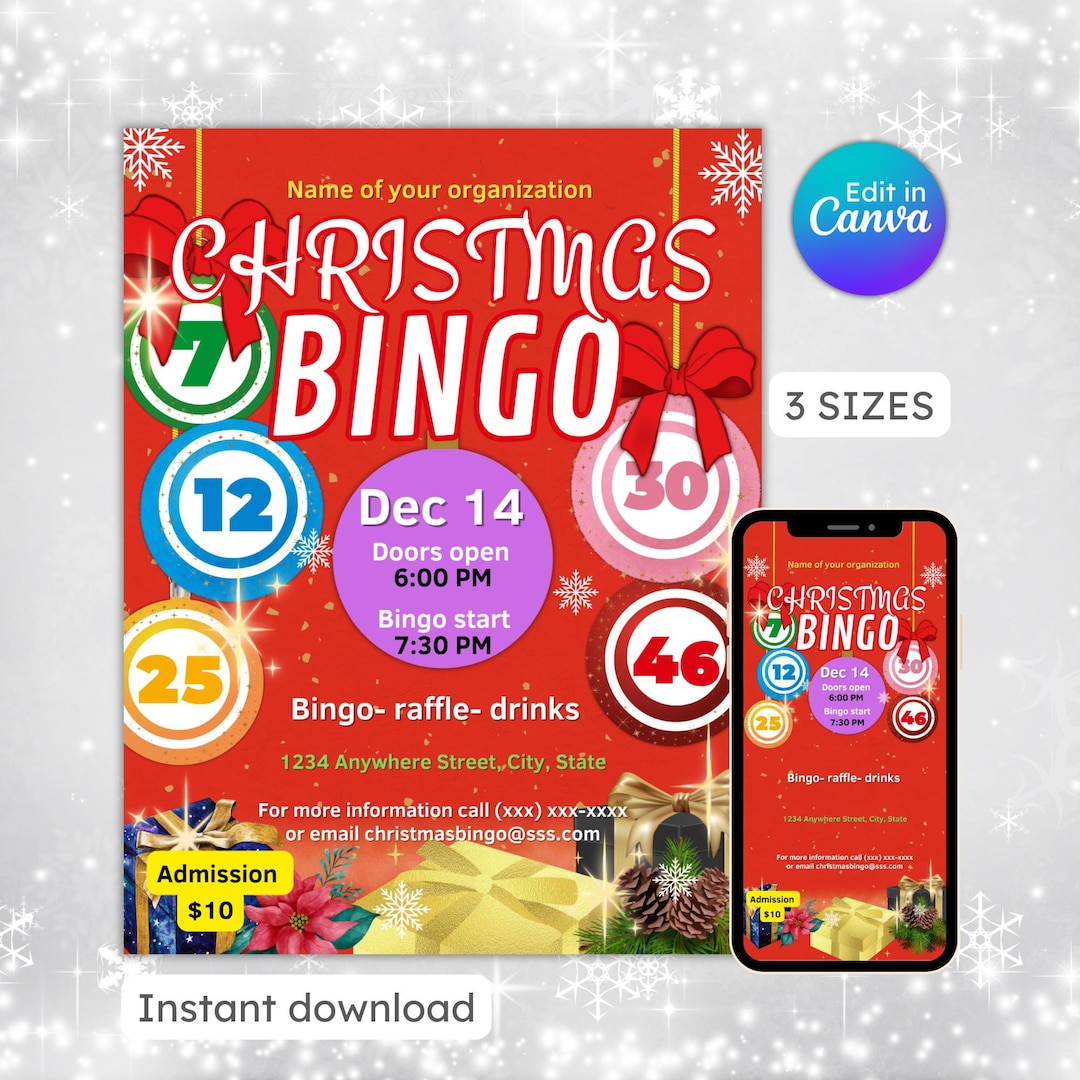 Christmas Bingo Flyer, Family Game Night, Holiday Casino, Bingo ...