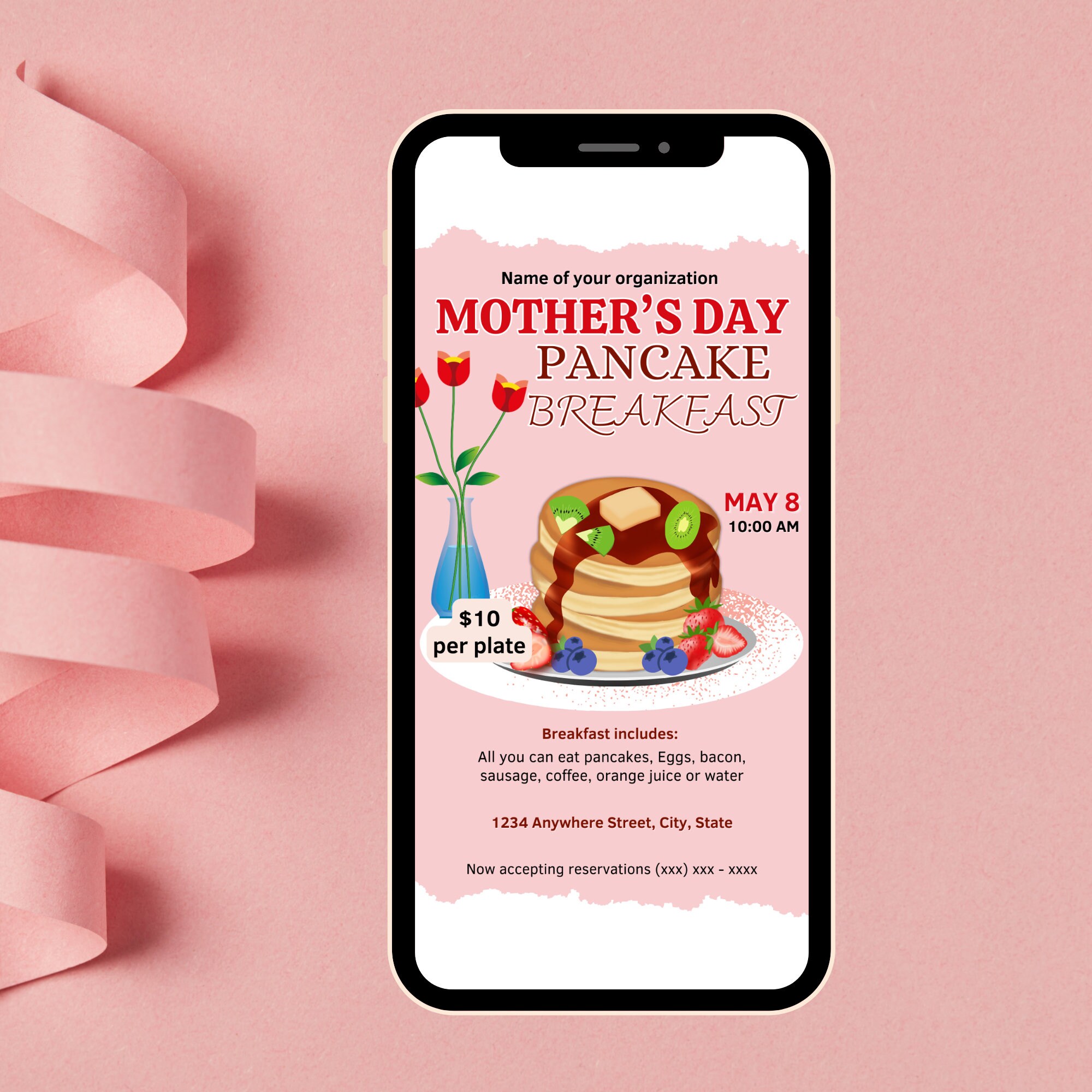 Mother's Day Pancake Breakfast Flyer, School Pto Pta, Breakfast With ...