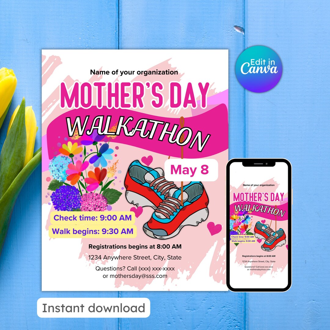 Mother's Day Walkathon Flyer, Community Event, Mom and Daughter, School ...
