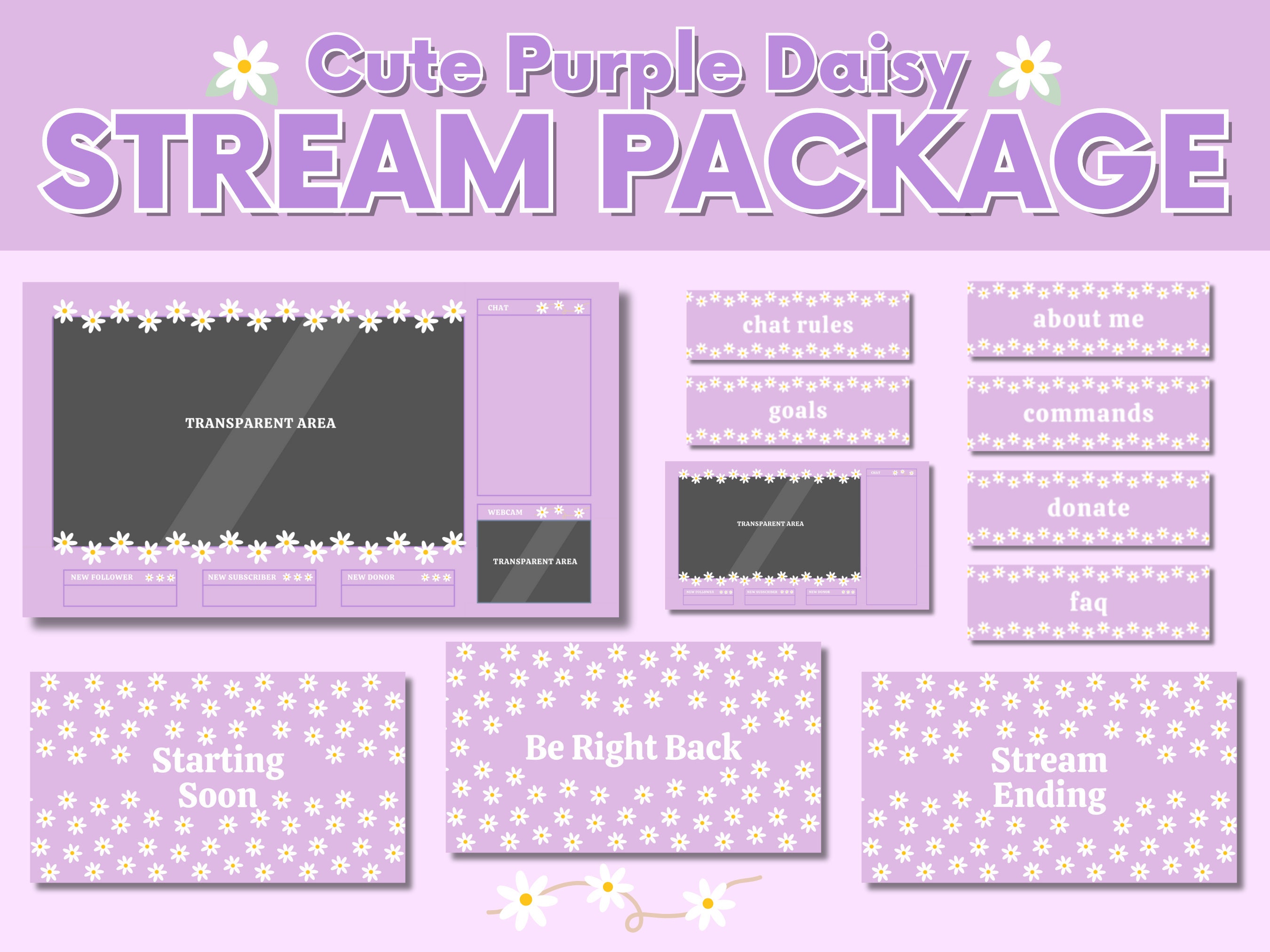 Purple Daisy Twitch Overlay Package | Cute Twitch Overlay Package ...