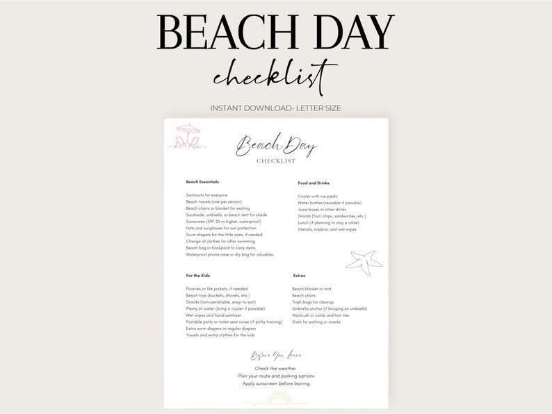 Beach Day Checklist - Etsy