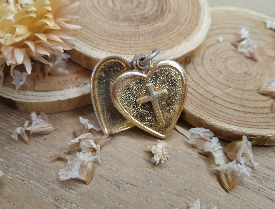 Antique Religious Medal - Heart Shaped Medal With Cross - Slide Open ...