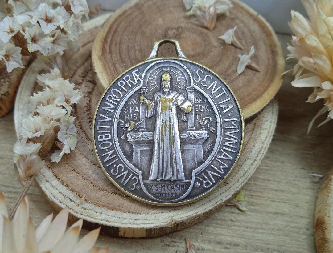 Antique Large Pendant Saint Benedict - Religious Medal - Catholic ...