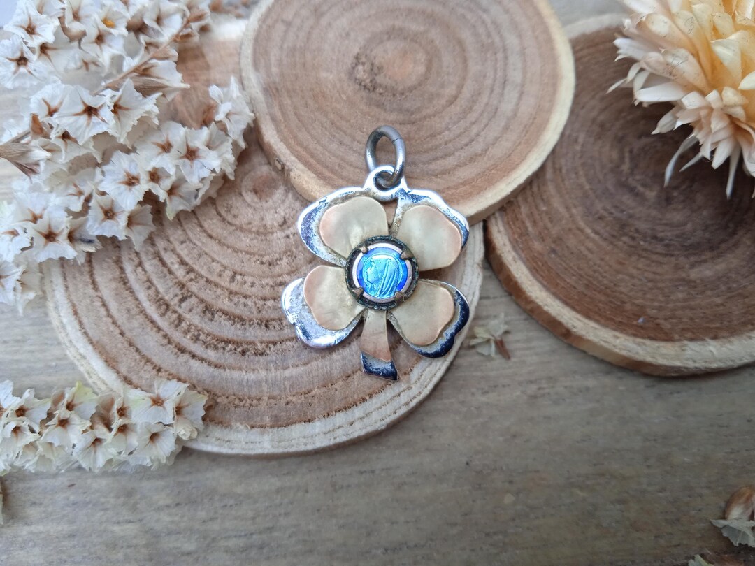 Religious Pendant Blessed Virgin Mary - Antique Enamel Medal - Four ...