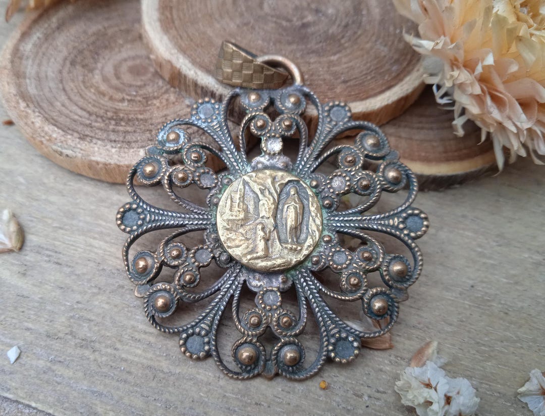 Religious Pendant Blessed Virgin Mary Antique Golden Medal Brass Medal ...
