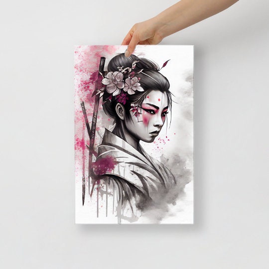 Geisha Warrior & Cherry Blossoms Art Print, Stunning Portrait of Geisha ...