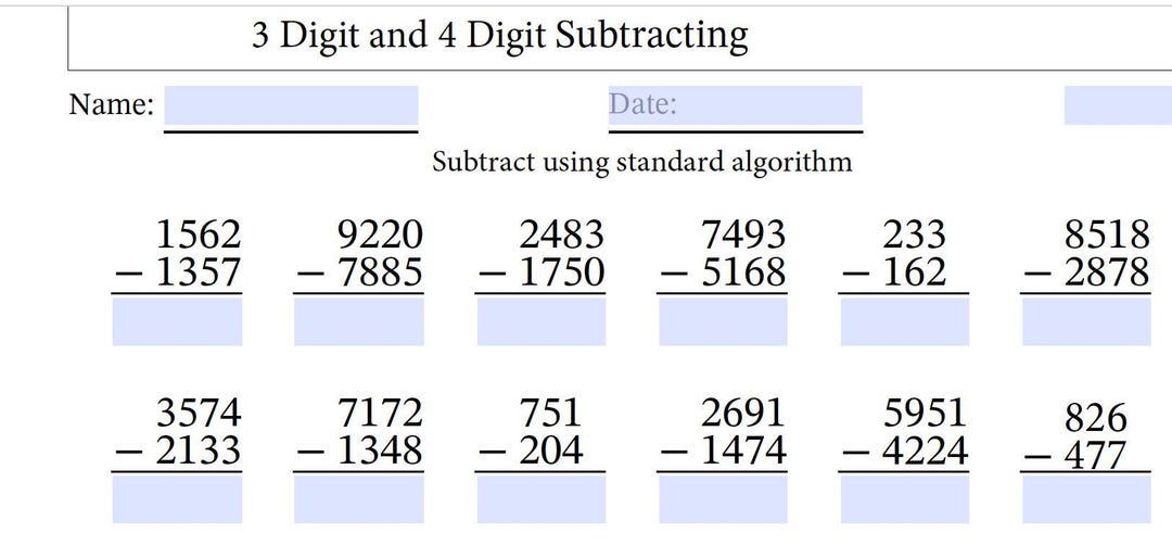 Grade 3 and 4 Math-3 Digit and 4 Digit Subtraction Sheet With ...