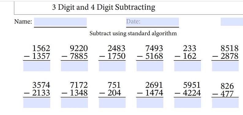 Grade 3 and 4 Math-3 Digit and 4 Digit Subtraction Sheet With ...