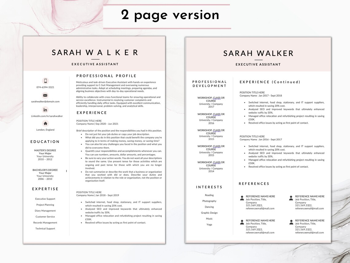 2 Page Resume Template, Resume Template Word & Pages, Modern Clean ...