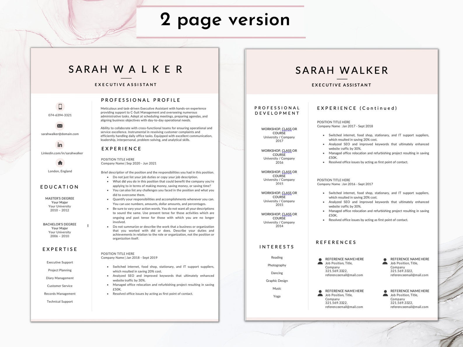 2 Page Resume Template, Resume Template Word & Pages, Modern Clean ...