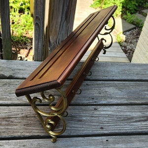 Wood Display Shelf 2 Metal Brackets 2 Plate Rails 5 Hooks Vintage Wall ...