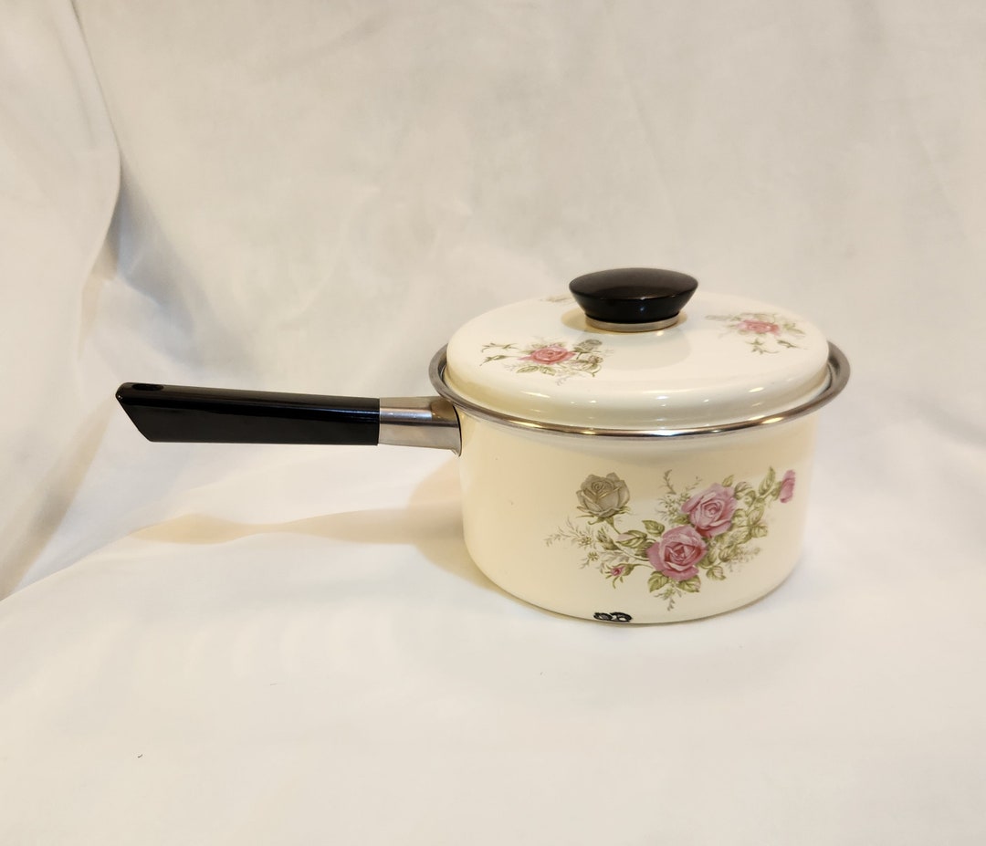 Marubishi Enamel Stove Top Pot With Lid Pink Rose Vintage Cookware Pan ...