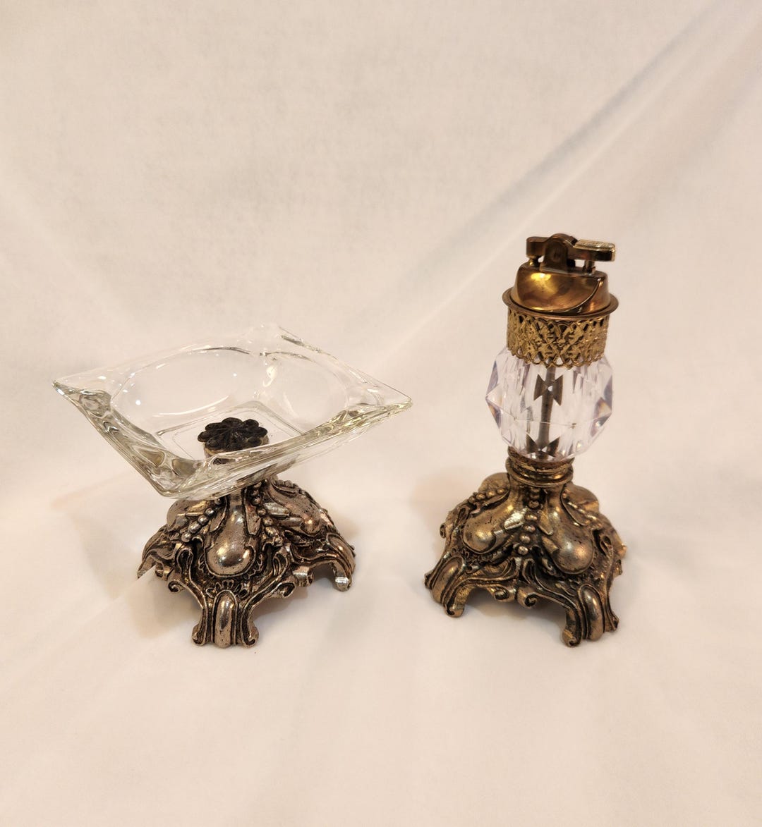Table Lighter and Ashtray Ornate Pedestal Hollywood Regency Vintage ...