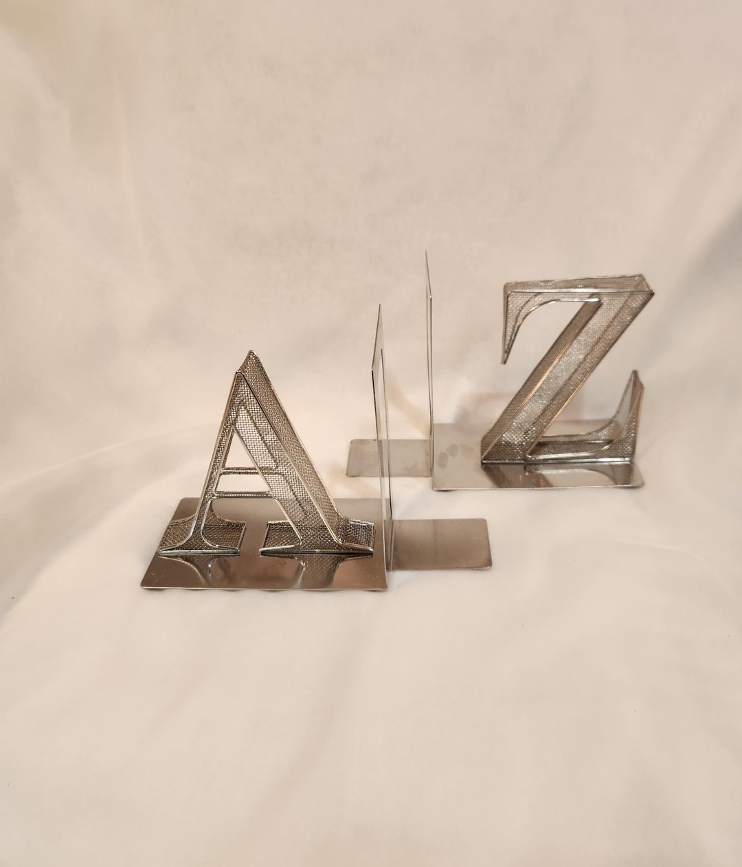 Mesh Wire Book Ends A to Z Silver Tone Metal Pair Alphabet Letters ...