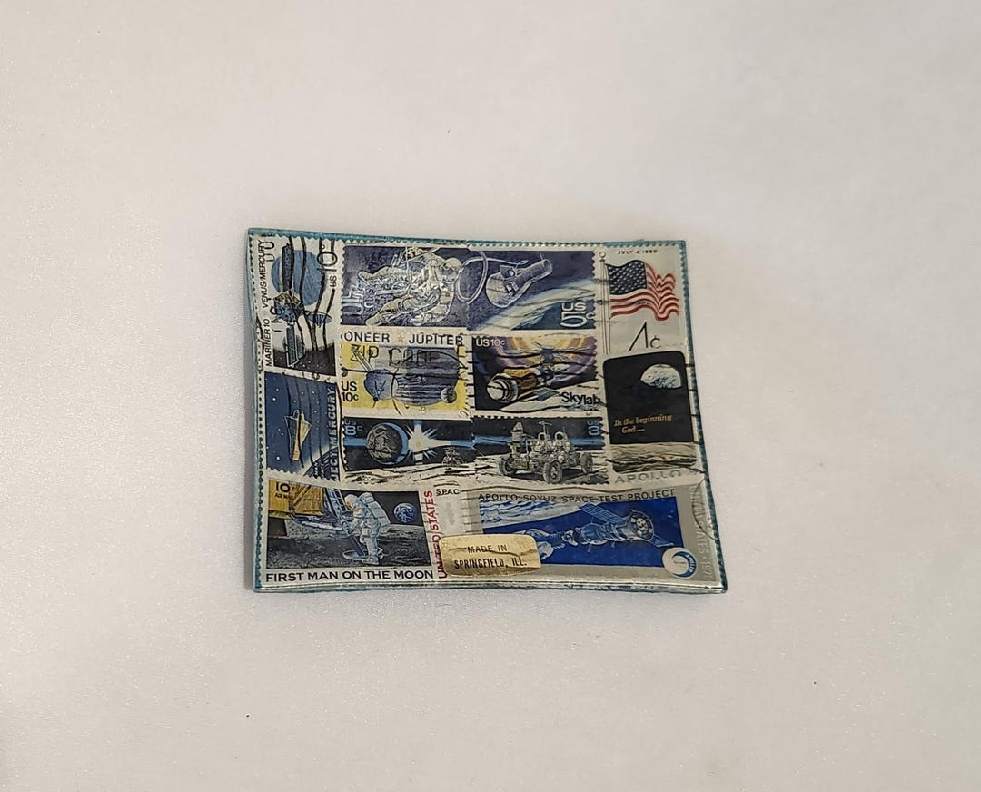 1970s Space Program Postage Stamps Trinket Dish Glass Tray Vintage ...