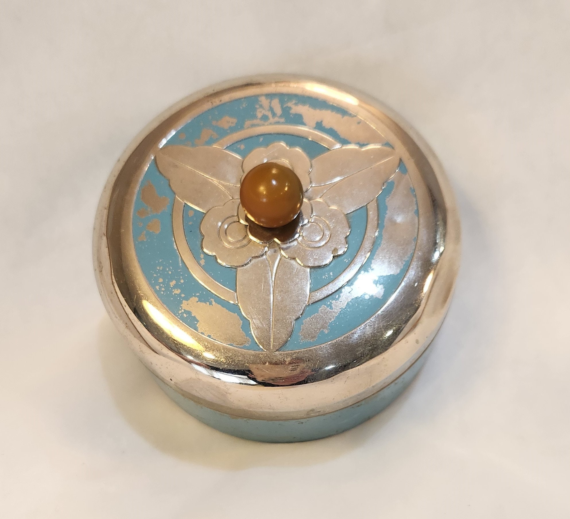 Chrome and Glass Art Deco Powder Puff Holder Teal Blue by Chase ...