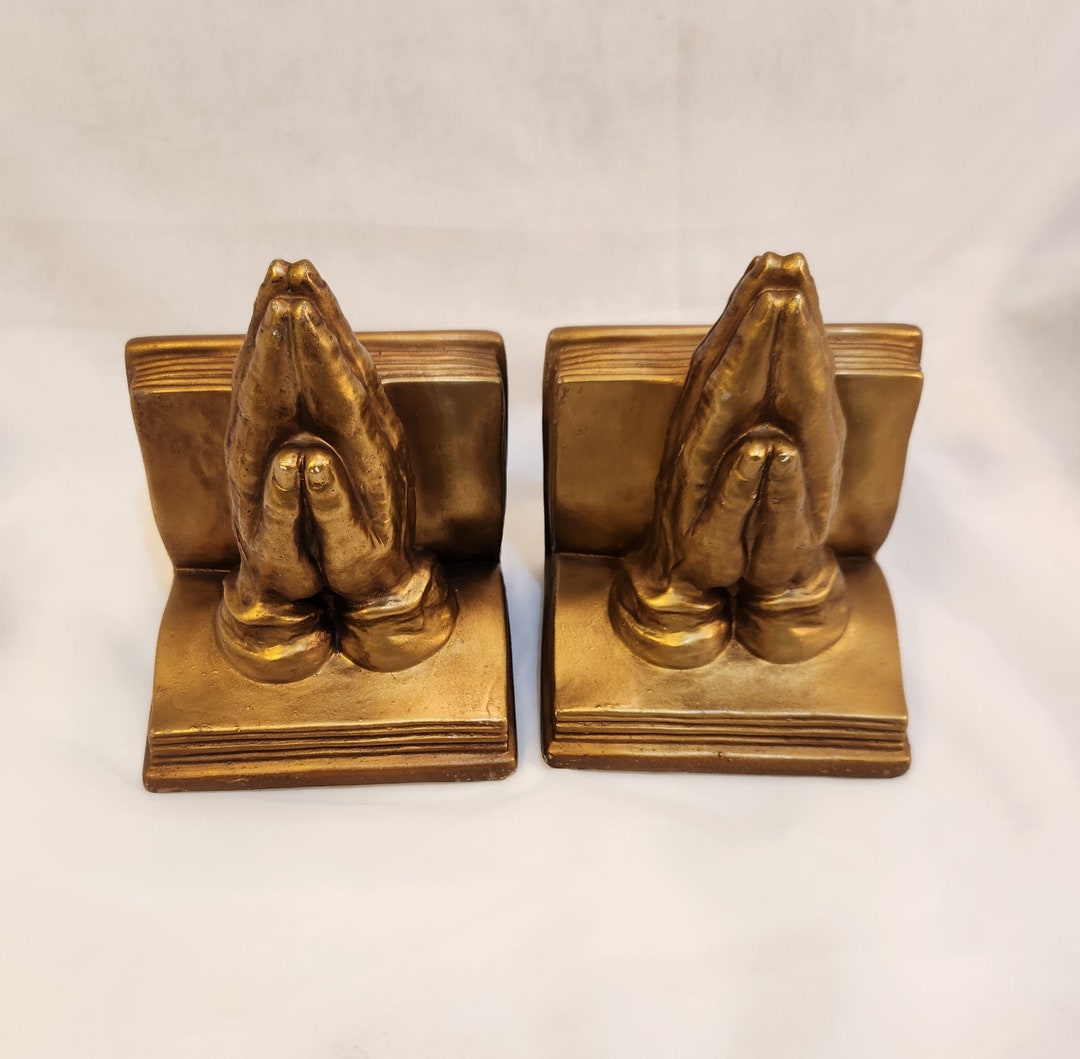 Praying Hands Book Ends Gilt Chalk Ware Open Bible Pair Vintage Library ...