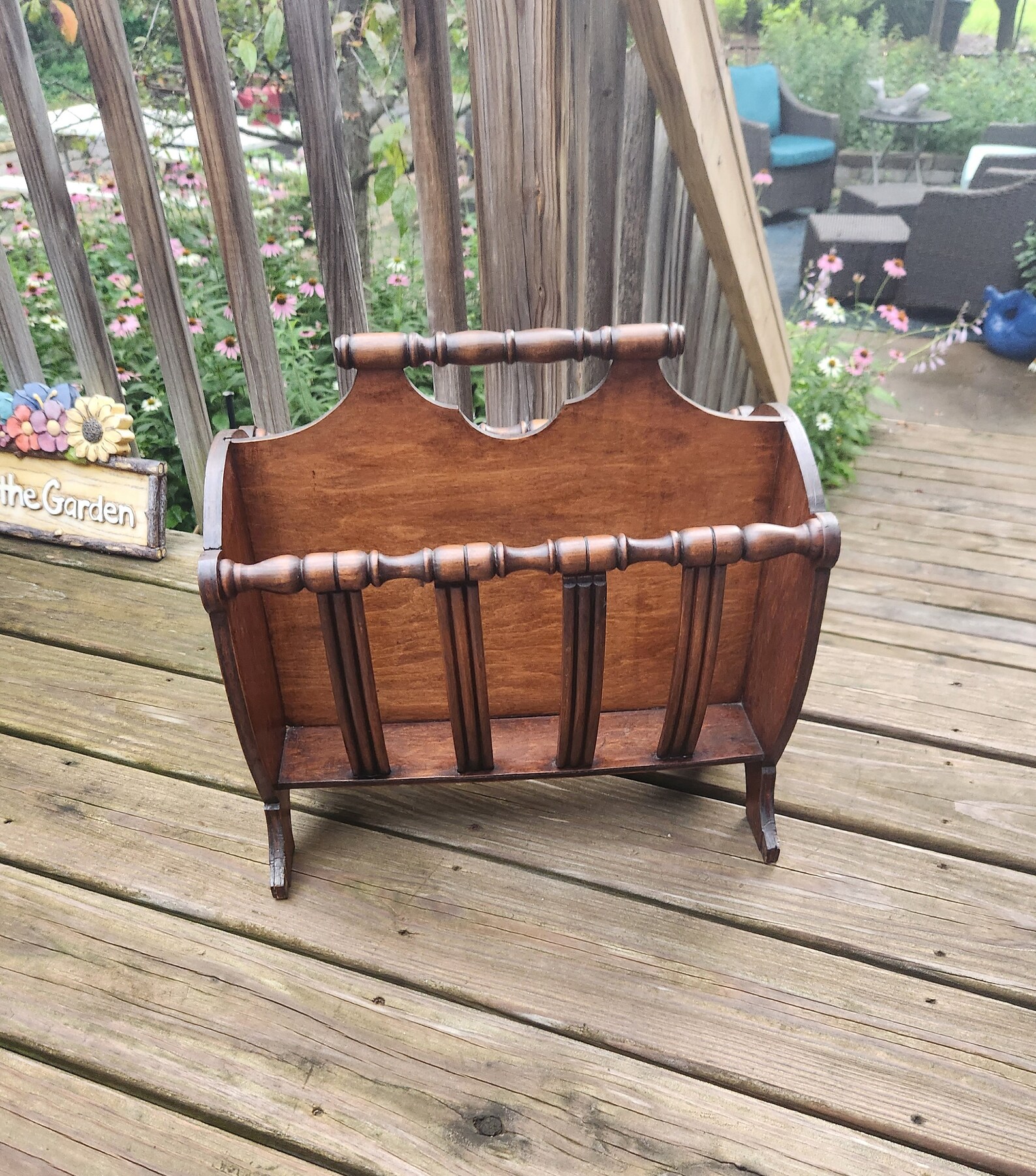 Magazine Rack Wood Periodicals Holder Curved Sides Dark Stain Vintage ...