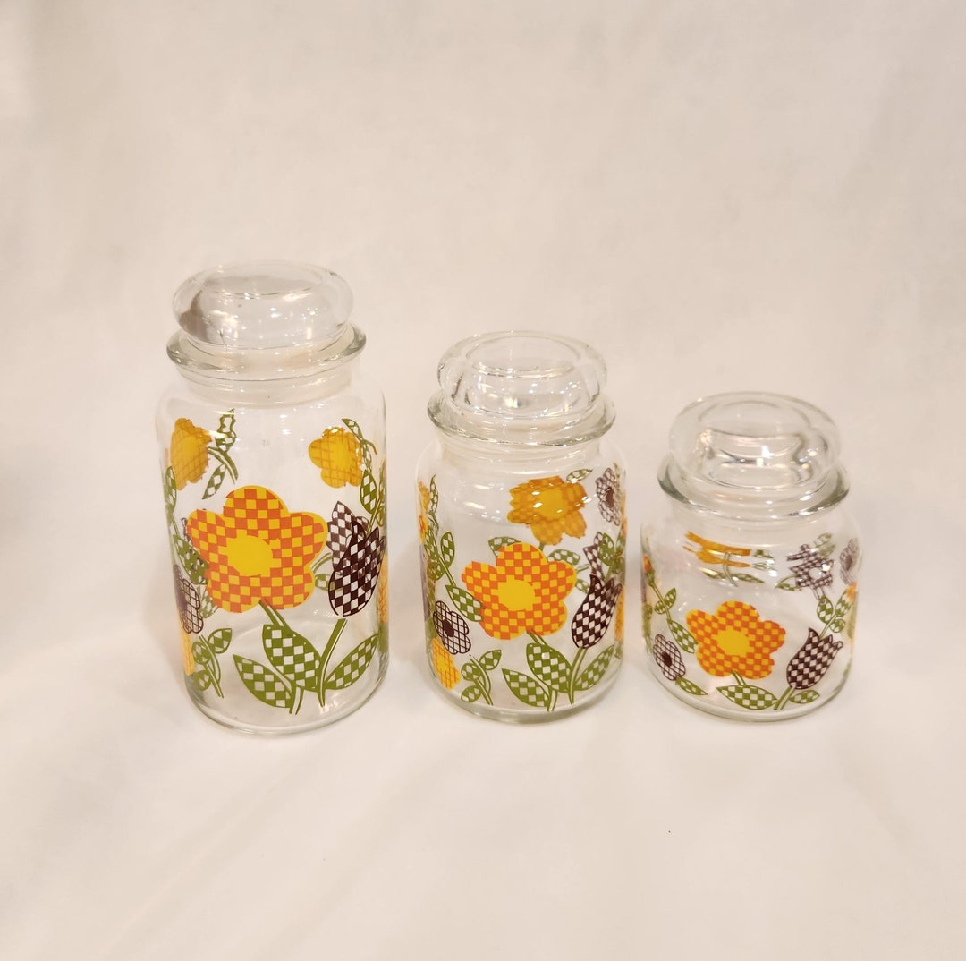 Gingham Flowers Clear Canister Set Bubble Lids 3 Jars and 3 Lids ...
