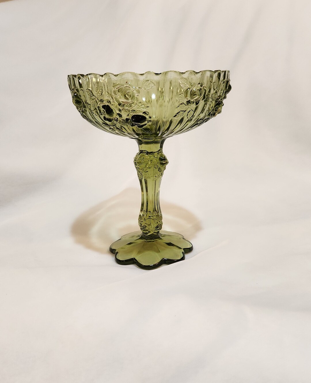 Fenton Compote Rose Green Glass Round Pedestal Bowl Candy Dish Vintage ...
