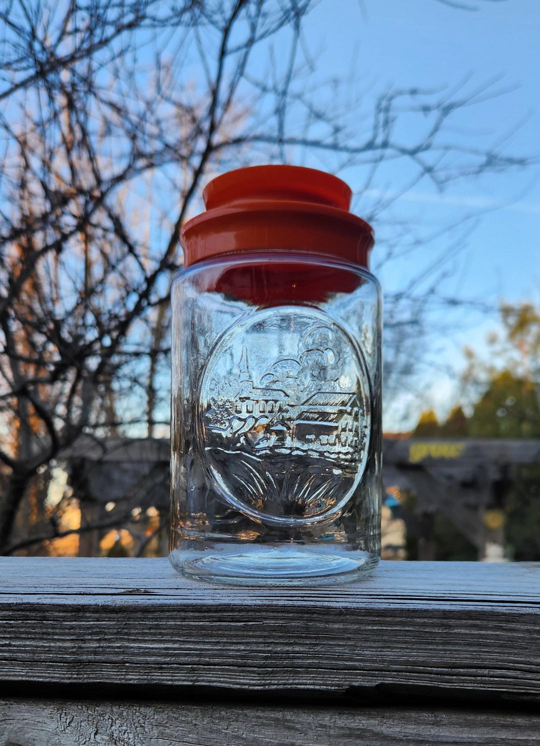 Anchor Hocking Embossed Church Tang Jar Orange Lid Clear Glass Vintage ...
