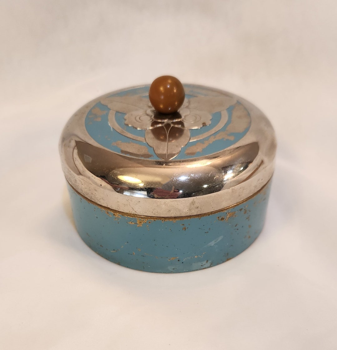Chrome and Glass Art Deco Powder Puff Holder Teal Blue by Chase ...