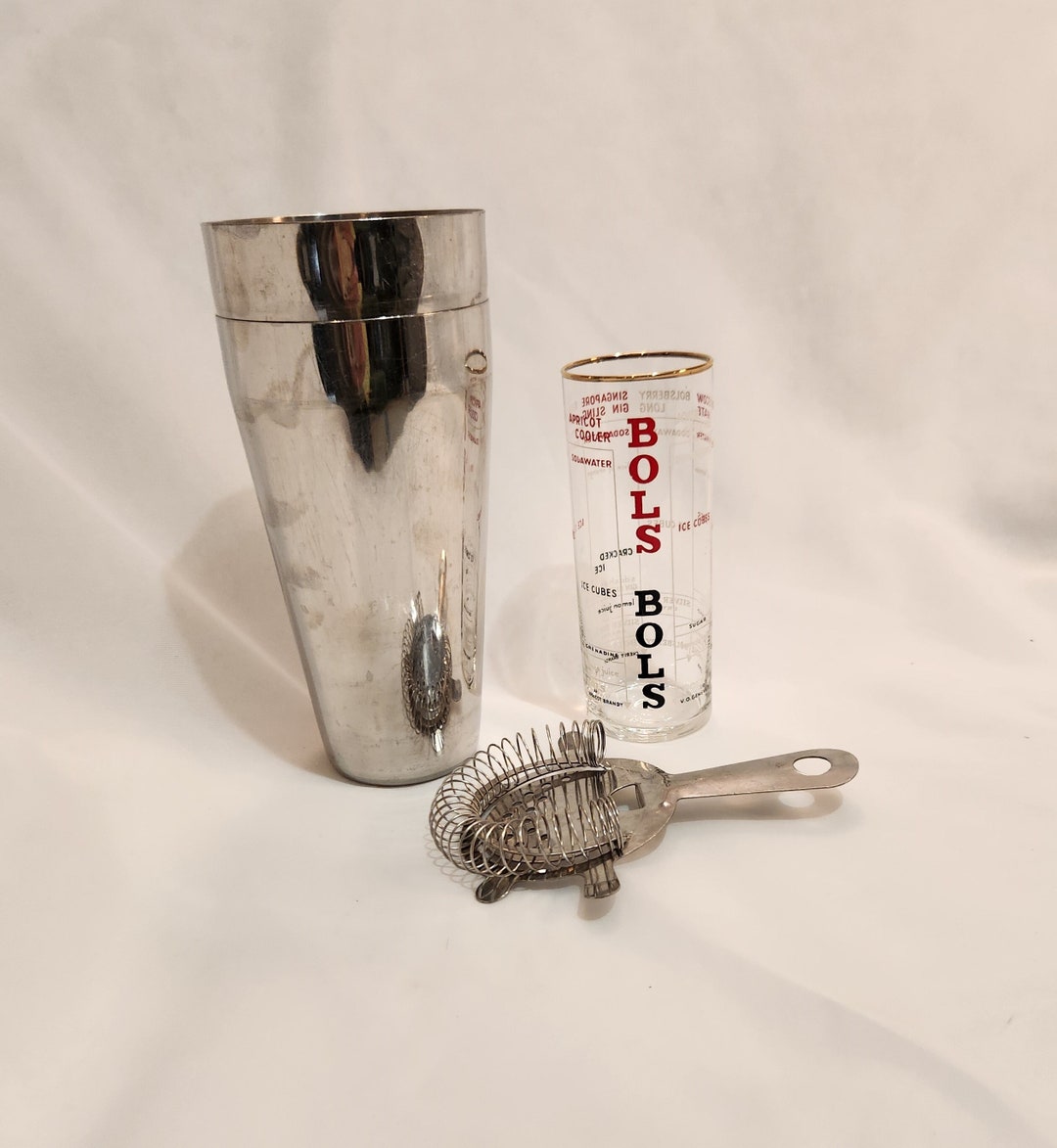 Vintage Bols Cocktail Set: Recipe Glass, Aluminum Cups, Strainer - Etsy