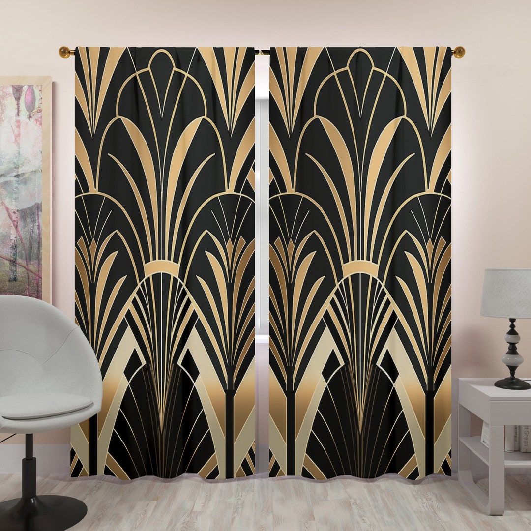Art Deco Style Window Curtain Set 1920's Design Home Decor Black & Gold ...