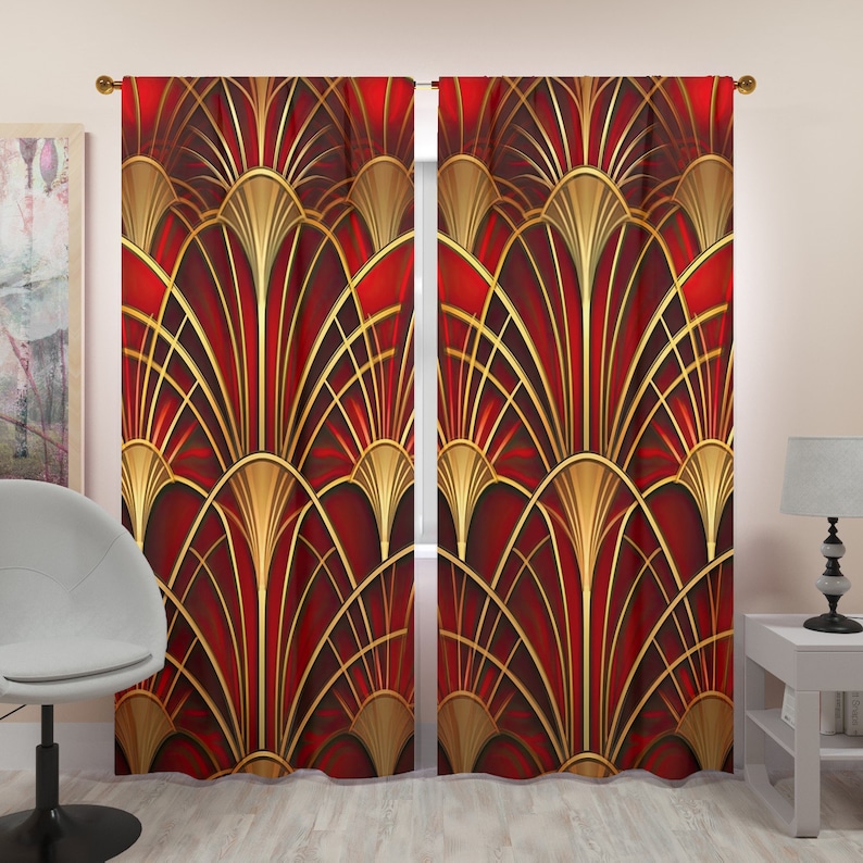 Red and Gold Art Deco Curtain Set, Elegant 1920's Style Curtains for ...