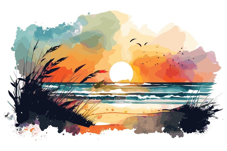 Sunset Png Clipart, Watercolor Beach, Digital Download, Colorful ...