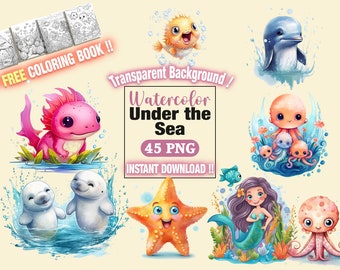 Cute Under the Sea Animals Watercolor Clip Art Bundle Sea Animals ...