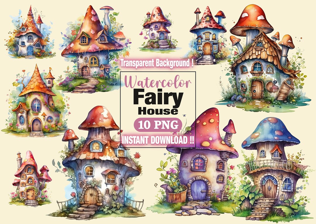 Magical Mushroom Houses Clipart Watercolor Bundle - 10 PNG Images ...