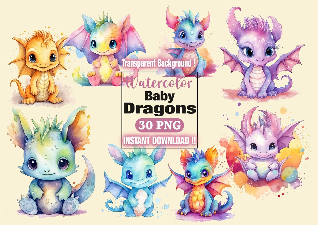 Baby Dragon Watercolor Clipart Set, PNG Sublimation Prints, Instant ...
