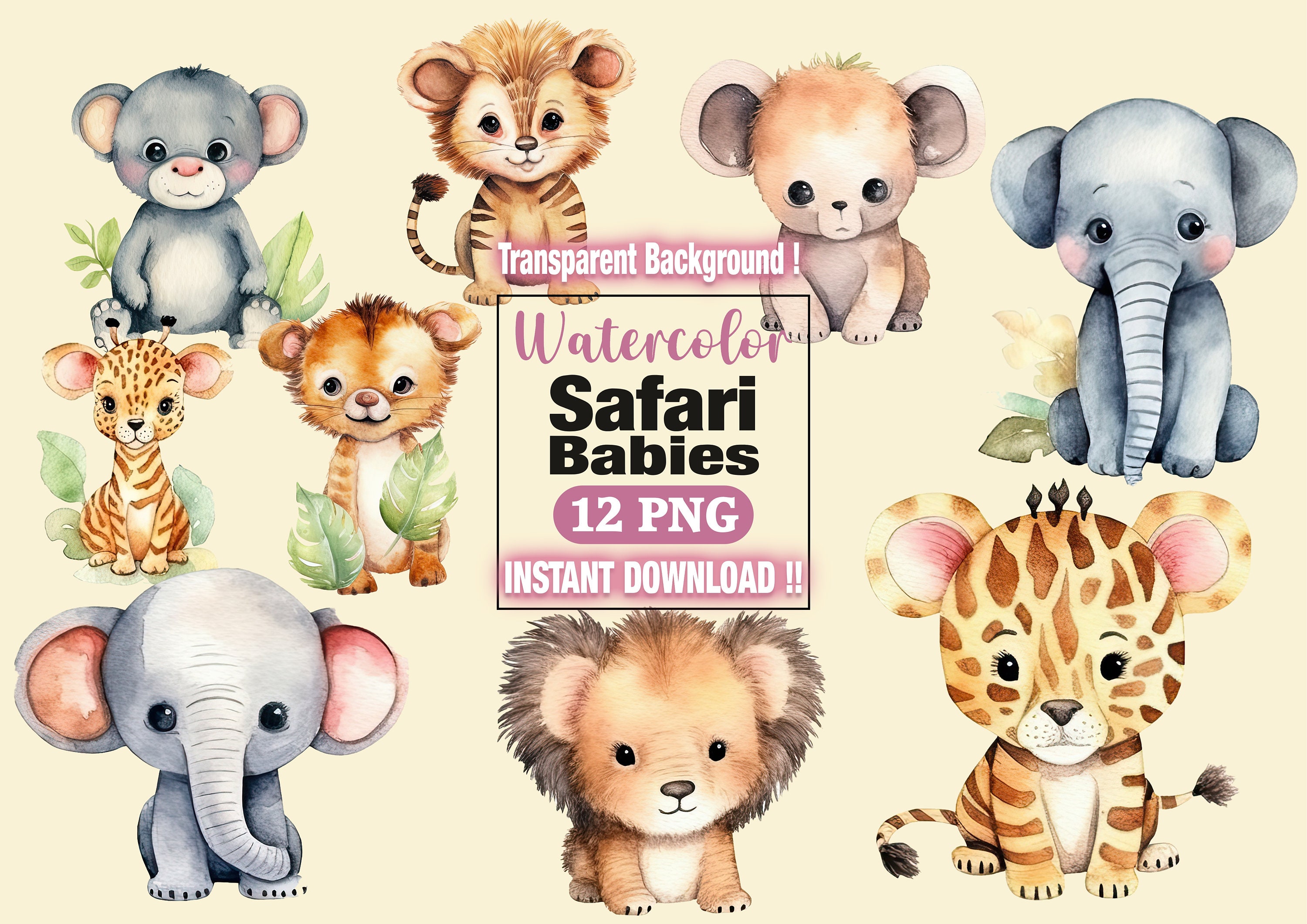 Safari Baby Animals Watercolor Clipart Cute Baby Shower - Etsy