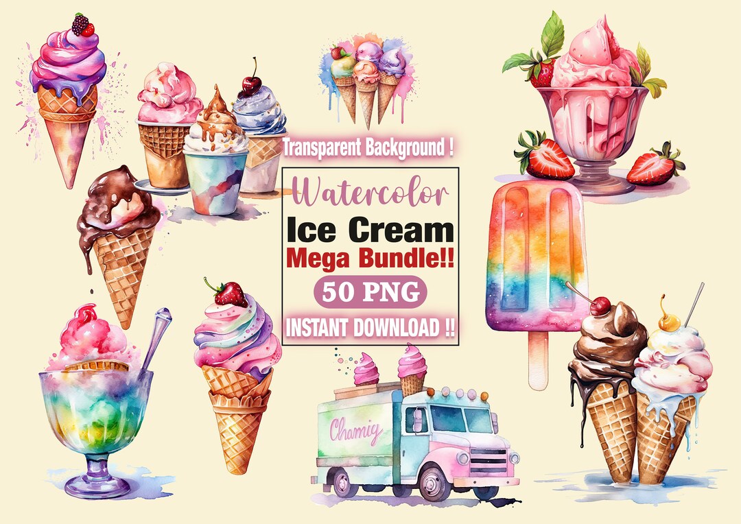 Watercolor Ice Cream Bundle Clipart - Transparent Digital Download ...