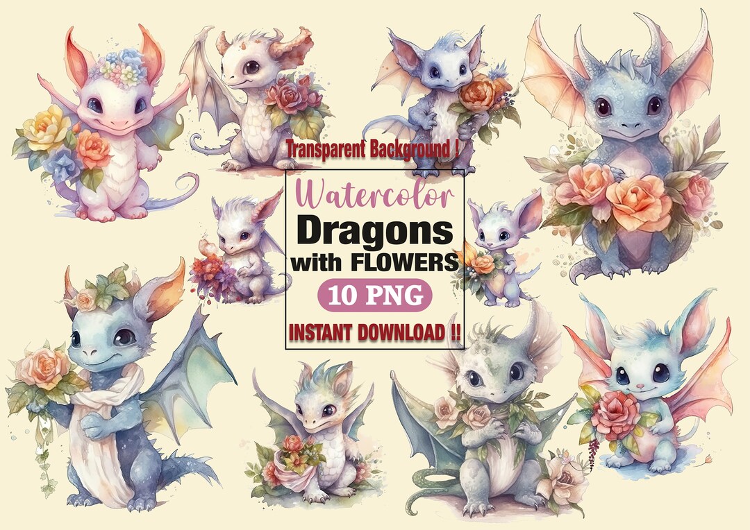 Cute Watercolor Dragons Holding Flowers Clipart, Floral Dragons Clip ...