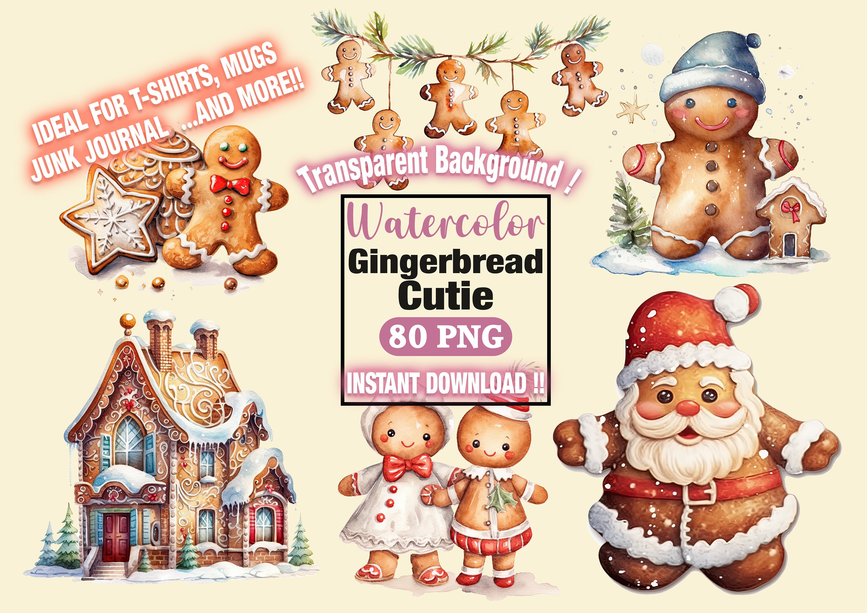 Cute Watercolor Gingerbread Clipart Bundle Holiday Winter Crafts ...