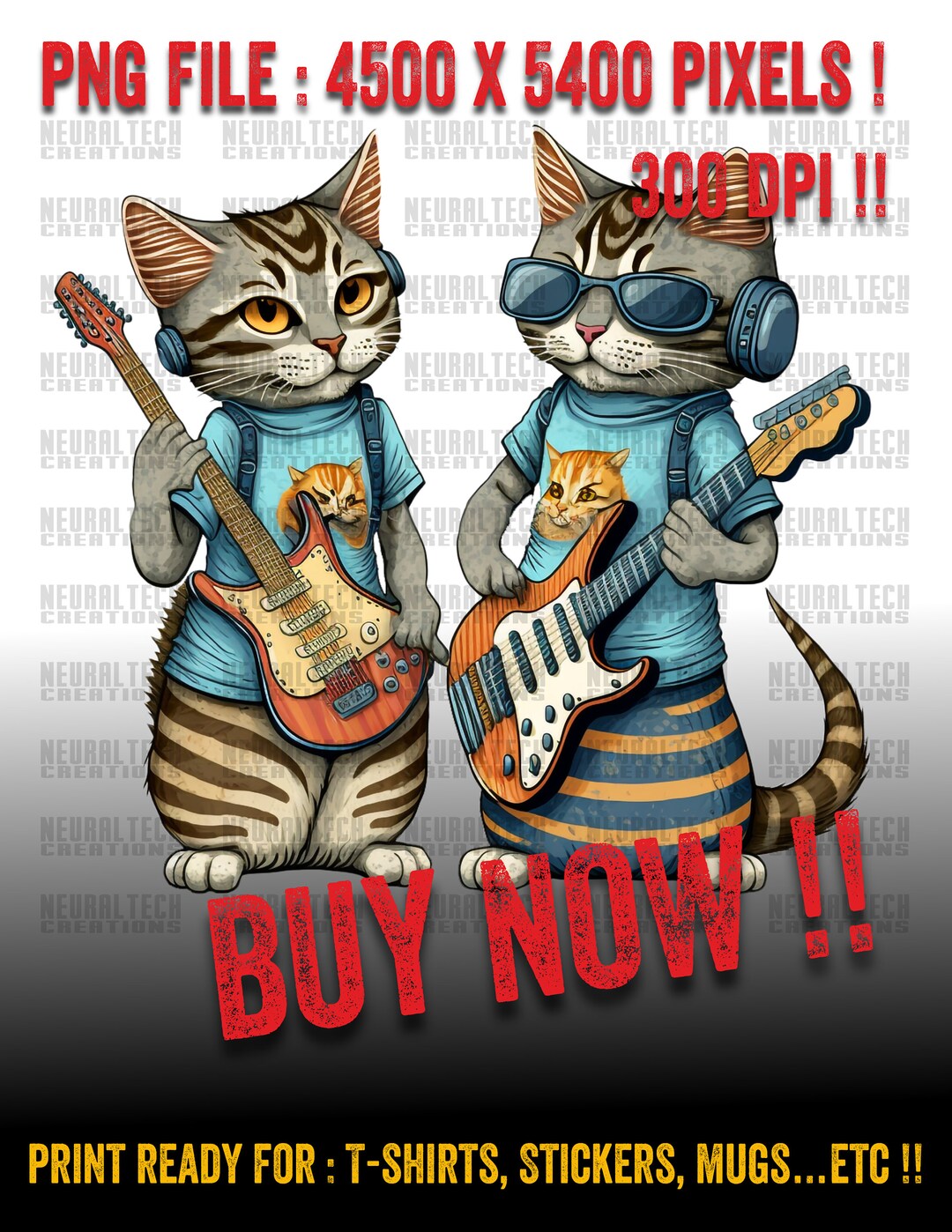 Cool Cats Band Color Splash Cat Music Printable Graphic Clipart Cat Art ...