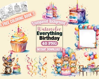 Watercolor Pastel Birthday Party Cake Present Balloons Clipart Bundle ...