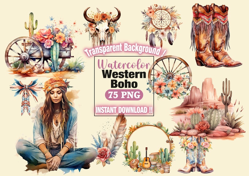 Boho Watercolor Western Clip Art Bundle Cowgirl Clip Art Western PNG ...