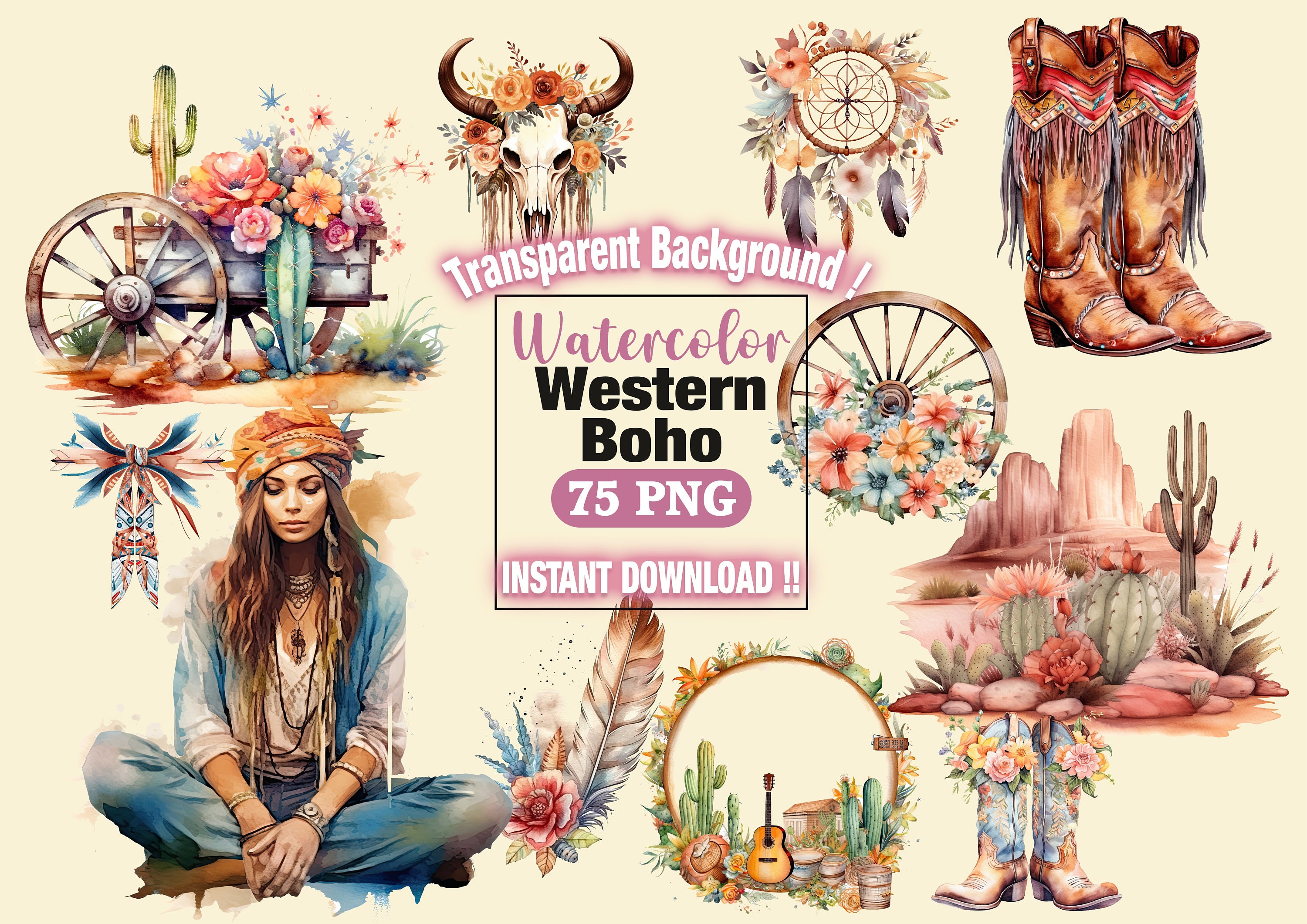 Boho Watercolor Western Clip Art Bundle Cowgirl Clip Art Western PNG ...